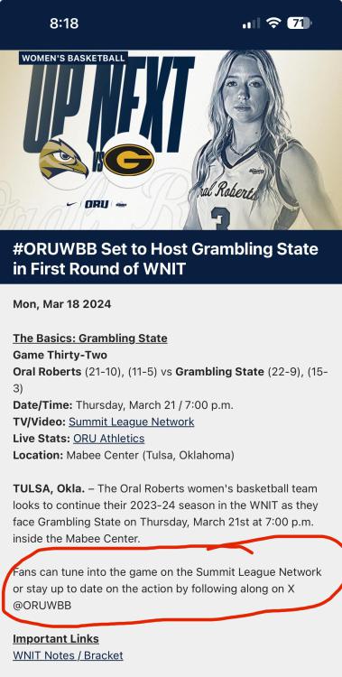 2024 WNIT Invitation - Women's Basketball - ORU Sports