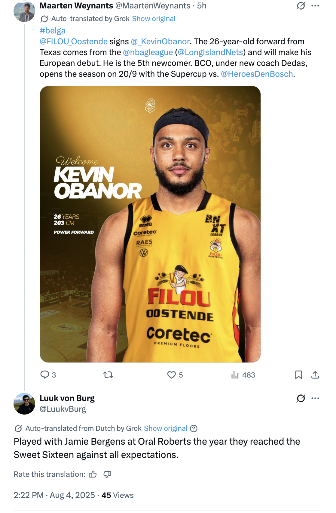 Kevin Obanor Signs With Belgian League - Men's Basketball - ORU Sports